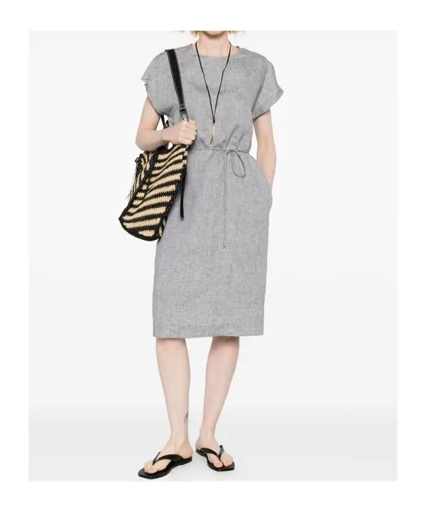 Peserico Tie-waist Midi Dress With Short Sleeves - Gray