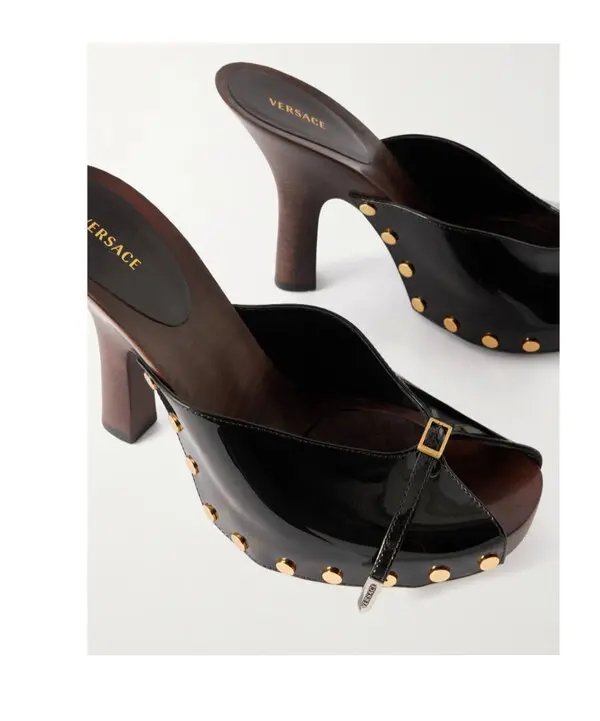 Versace Patent Leather Studded Clogs With Sculpted Wooden Sole