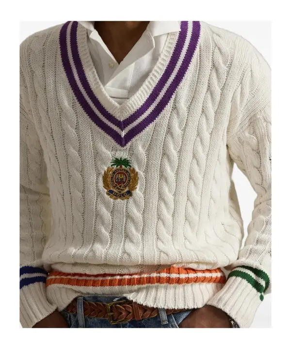 Polo Ralph Lauren Cable Knit V-neck Sweater With Striped Trim