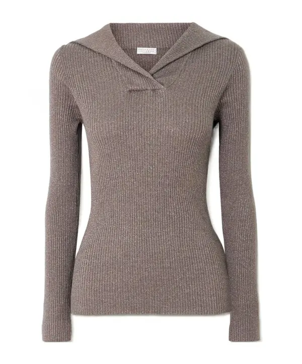 Brunello Cucinelli Ribbed Metallic Cashmere And Silk-blend Top - Dark Brown