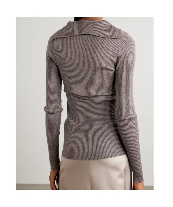 Brunello Cucinelli Ribbed Metallic Cashmere And Silk-blend Top - Dark Brown