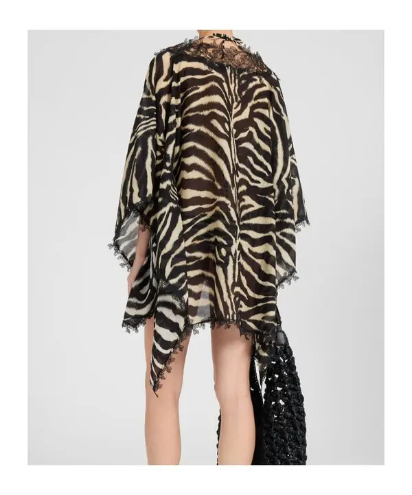 Ermanno Scervino Zebra Print Lace Trim Poncho