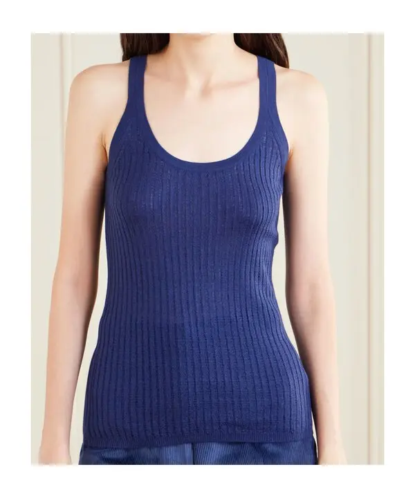 Gabriela Hearst Nevin Ribbed Pointelle-knit Cashmere And Silk-blend Tank - Navy Blue