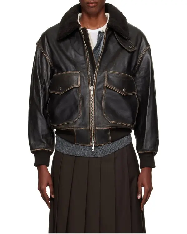 DUNST Leather Biker Jacket With Shearling Collar