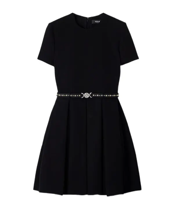 Versace Wool-crepe A-line Mini Dress With Medusa Belt - Black