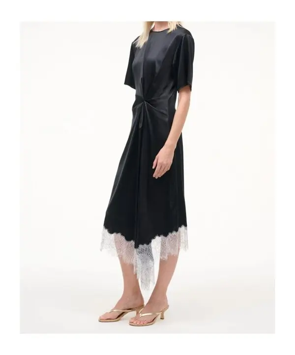 Staud Short Sleeve Dress With Asymmetrical Lace Skirt