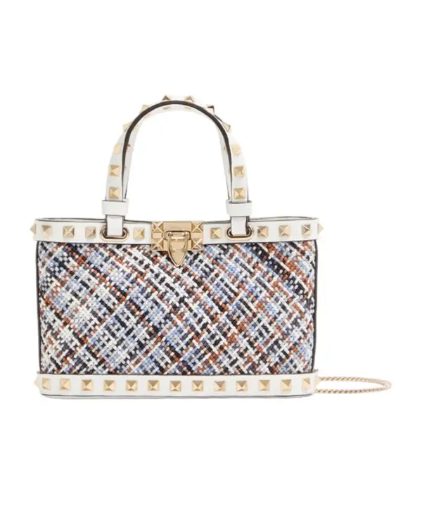 Valentino Garavani Rockstud Mini Shopping Bag In Woven Fabric - White/multicolor