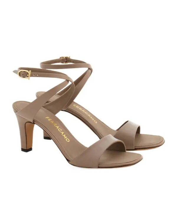 FERRAGAMO Mid Heel Sandal With Ankle Strap And Gold Buckle