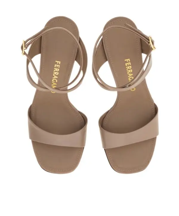 FERRAGAMO Mid Heel Sandal With Ankle Strap And Gold Buckle