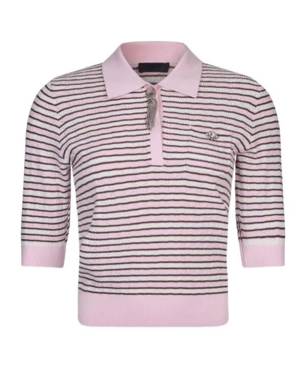 Liu Jo Striped Jewel Brooch Polo Top - Pink