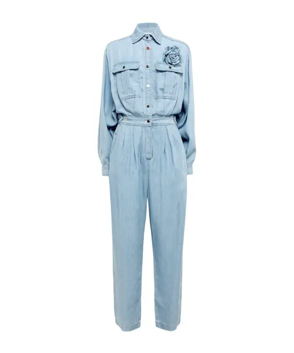 BLUGIRL Long-sleeved Denim Jumpsuit With Rose Brooch - Blue