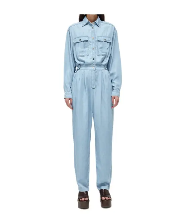 BLUGIRL Long-sleeved Denim Jumpsuit With Rose Brooch