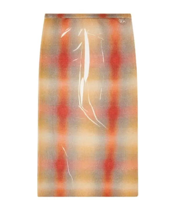 DIESEL® Plaid Logo Detail Midi Skirt - White