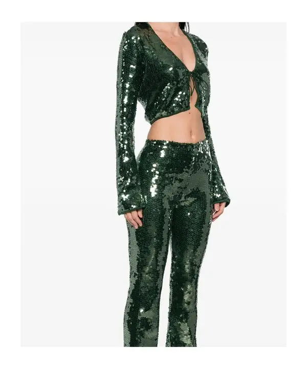 Oseree Sequin Embellished V-neck Cropped Shirt With Front Tie