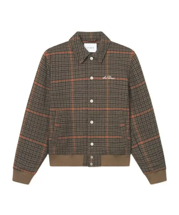 LES DEUX Houndstooth Wool Bomber Jacket - Teak Brown