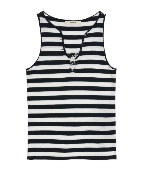 Zadig&Voltaire Striped Henley Tank With Rhinestone Embellishment - Black