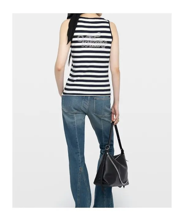 Zadig&Voltaire Striped Henley Tank With Rhinestone Embellishment - Black
