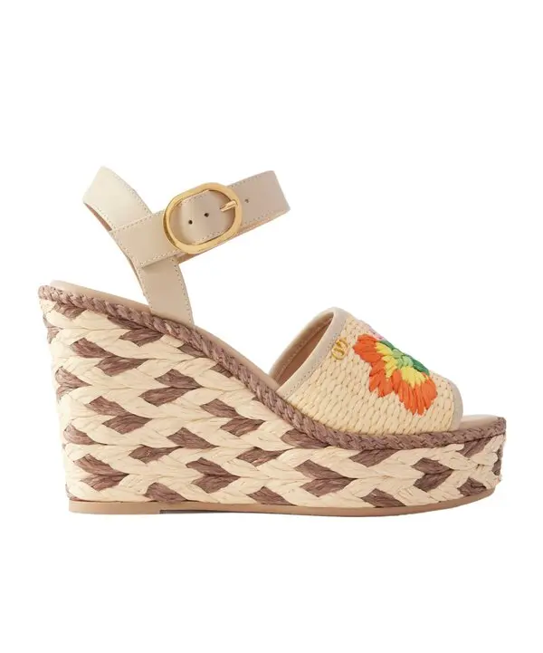 Valentino Garavani Embroidered Raffia Wedge Sandals With Adjustable Ankle Strap - Nude