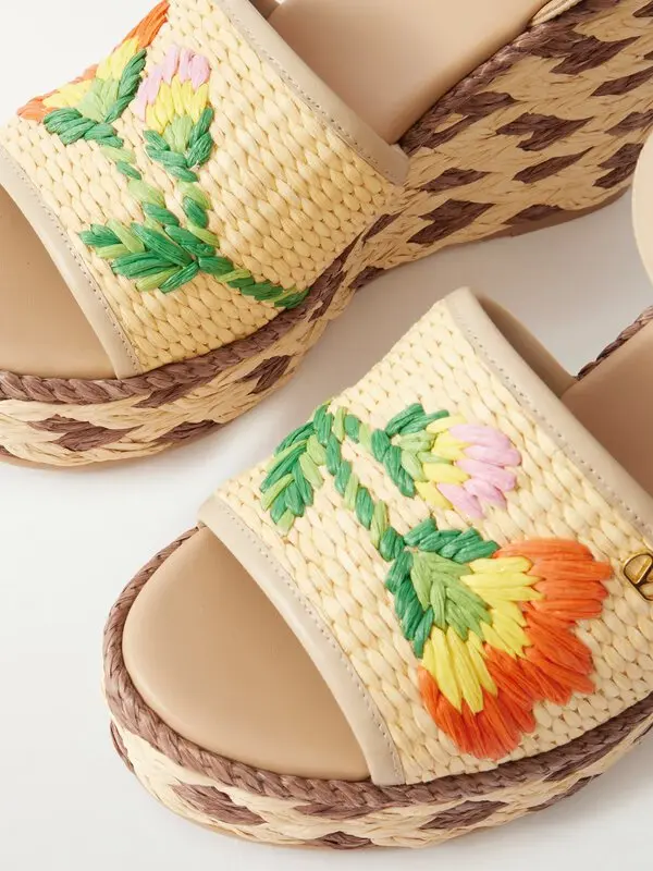 Valentino Garavani Embroidered Raffia Wedge Sandals With Adjustable Ankle Strap