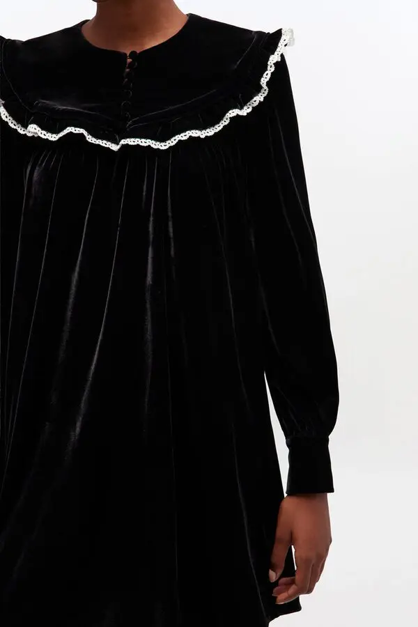 GANNI Velvet Mini Dress With Lace Trim