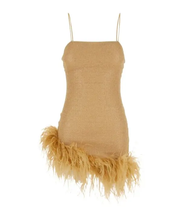 Oseree Lumiere Feather-trim Mini Dress - Gold
