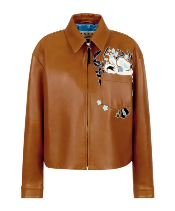 Marni Leather Overshirt With Flower Intarsia - Brown