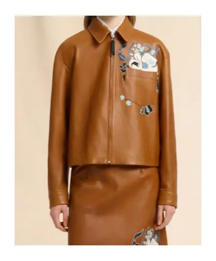 Marni Leather Overshirt With Flower Intarsia - Brown
