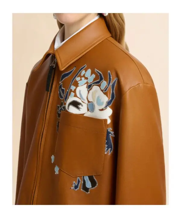Marni Leather Overshirt With Flower Intarsia - Brown