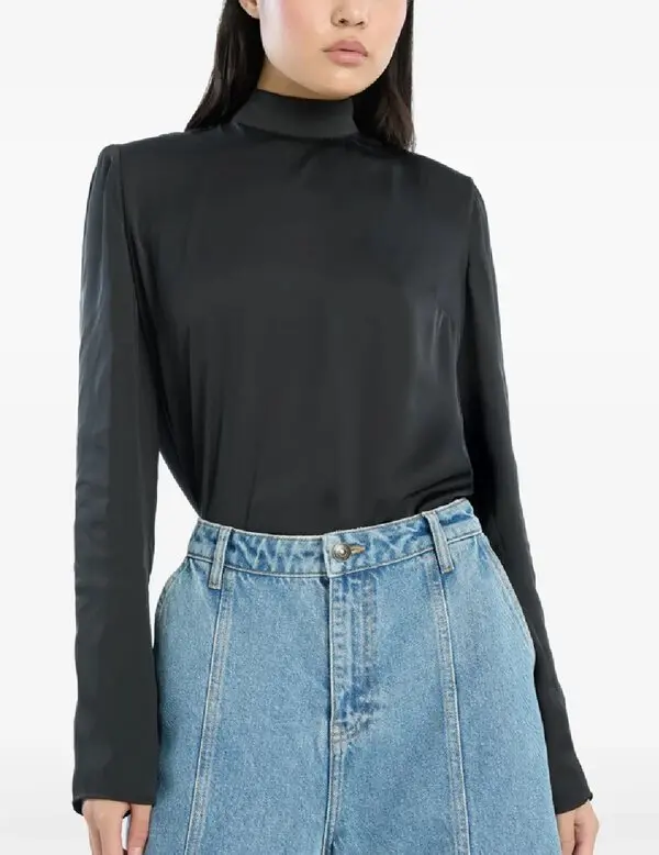 ROTATE BY BIRGER CHRISTENSEN High Collar Long Sleeve Draped Back Top - Black