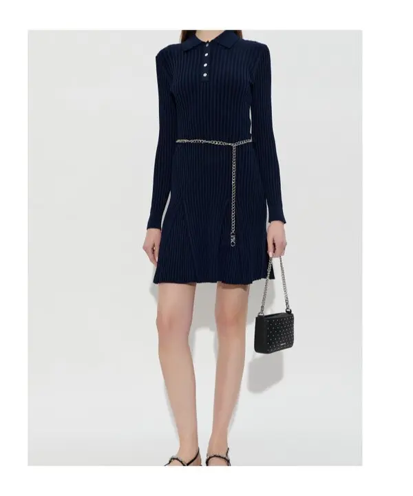 Michael Kors Ribbed Knit Polo Mini Dress With Chain Belt