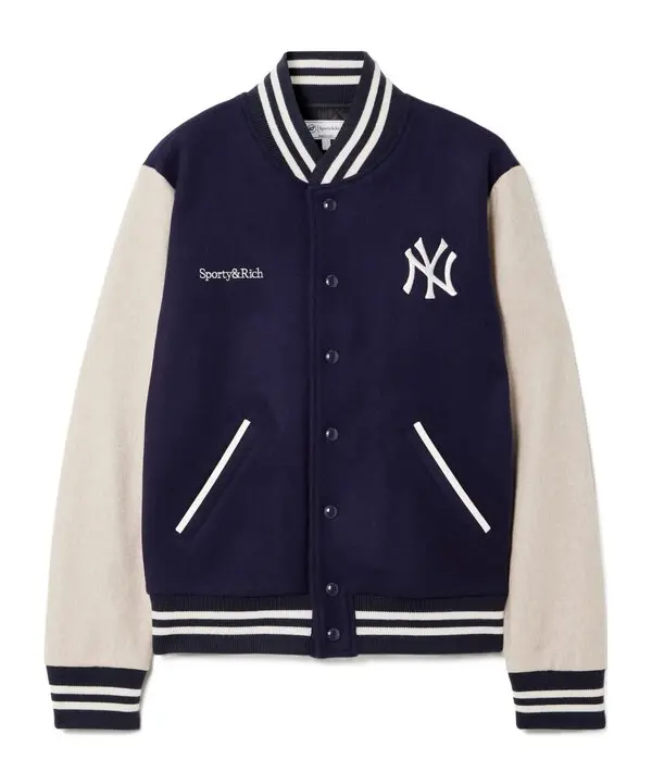 SPORTY  RICH Sporty & Rich New York Yankees Embroidered Wool Bomber Jacket - Blue