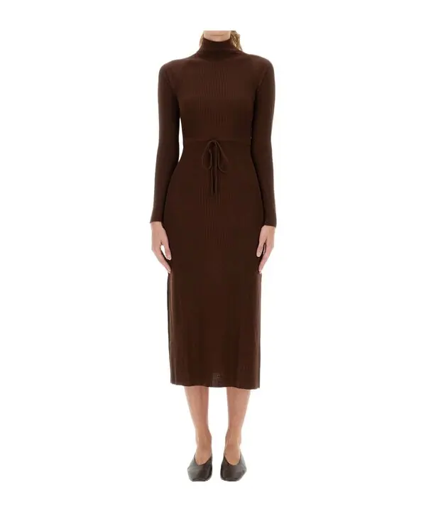 A.p.c. Marianna Ribbed Knit Long Sleeve High Neck Dress With Drawstring Waist - Brown
