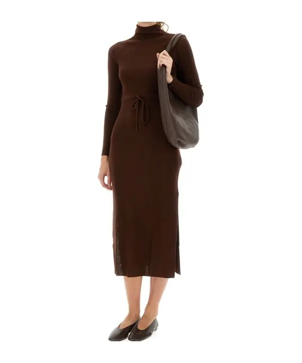 A.p.c. Marianna Ribbed Knit Long Sleeve High Neck Dress With Drawstring Waist - Brown
