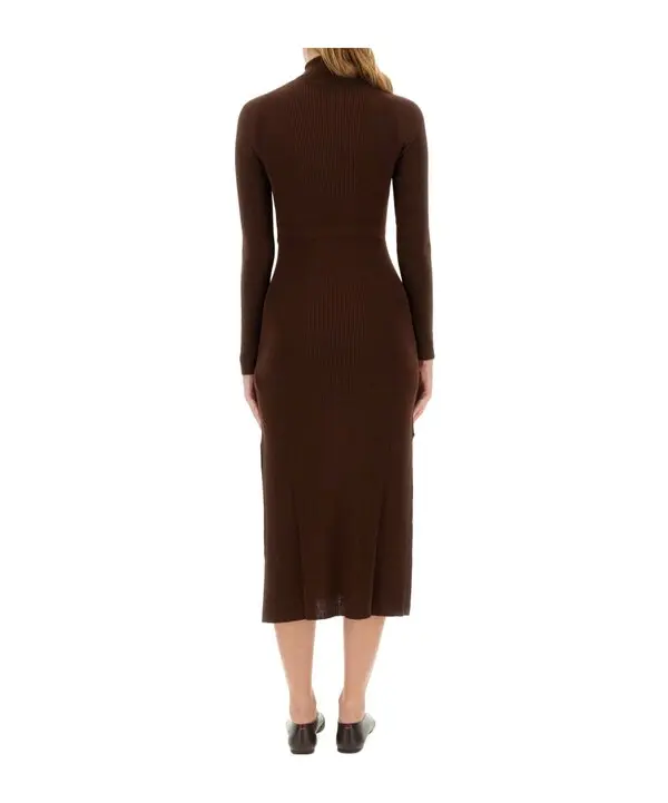 A.p.c. Marianna Ribbed Knit Long Sleeve High Neck Dress With Drawstring Waist - Brown
