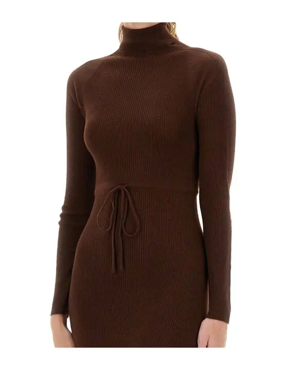 A.p.c. Marianna Ribbed Knit Long Sleeve High Neck Dress With Drawstring Waist - Brown