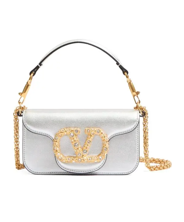 Valentino Garavani Locò Small Shoulder Bag In Laminated Calfskin With Jewel Logo - Silver