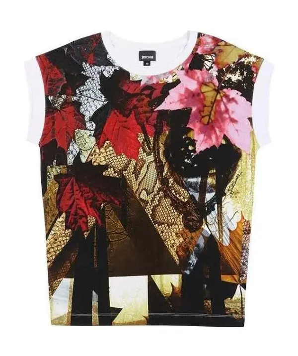 Just Cavalli Abstract Leaf Print Round Neck Top - Multicolor