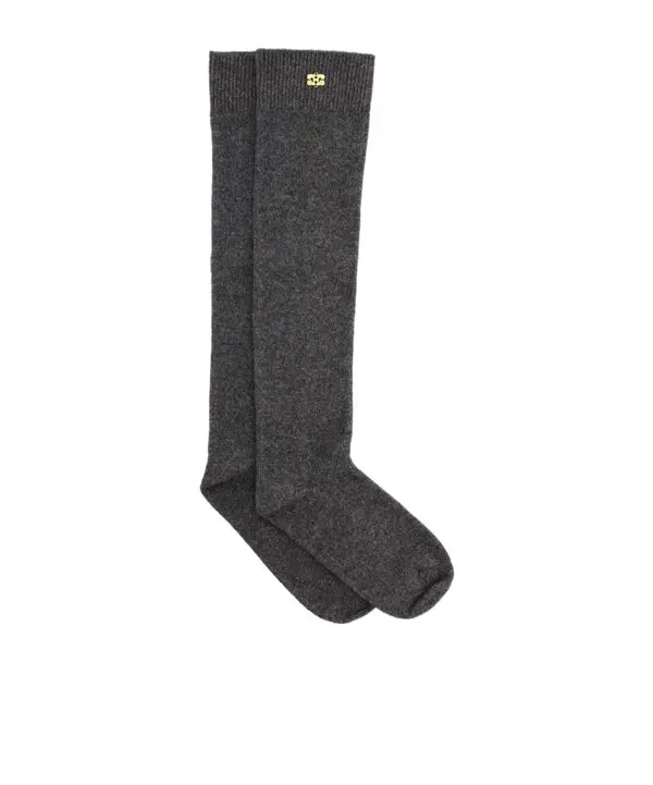 GANNI Knee High Socks With Logo Plaque - Black