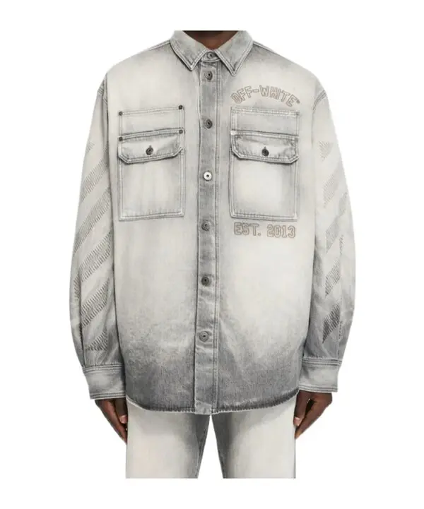 Off-White Diagonal Embroidered Denim Shirt Jacket - Sun-faded Grey