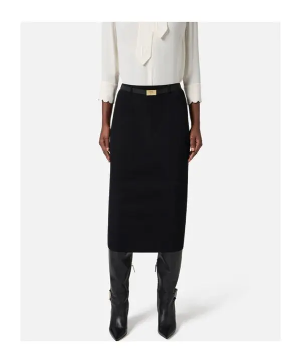 Elisabetta Franchi Belted Ribbed Knit Pencil Skirt - Black