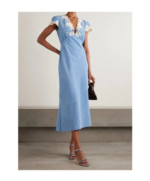 Rixo Embroidered Lace Trim V-neck Midi Dress - Blue