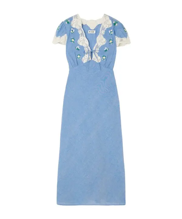 Rixo Embroidered Lace Trim V-neck Midi Dress - Blue