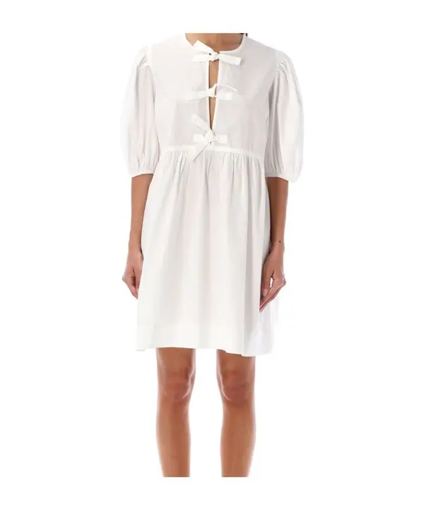 GANNI Round Neck Dress With Gathered Cuffs And Tie Detail - White