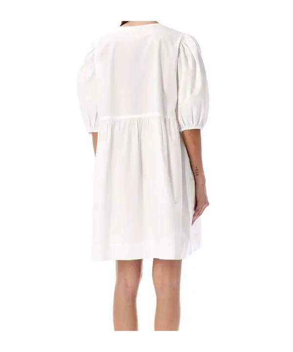GANNI Round Neck Dress With Gathered Cuffs And Tie Detail - White