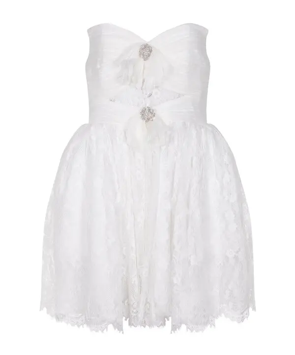 SELF-PORTRAIT Lace Trimmed Bow Detail Mini Dress - White