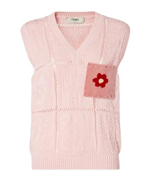Fendi Crocheted Cotton V-neck Gilet With Flower Appliqu