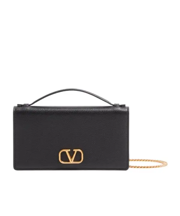 Valentino Garavani Vlogo Signature Grainy Calfskin Wallet With Chain - Black