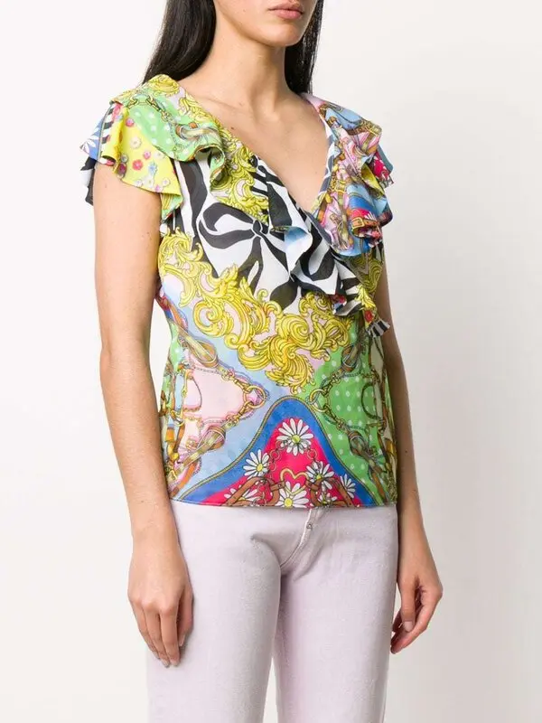 Moschino Mixed Print V-neck Short Sleeve Blouse