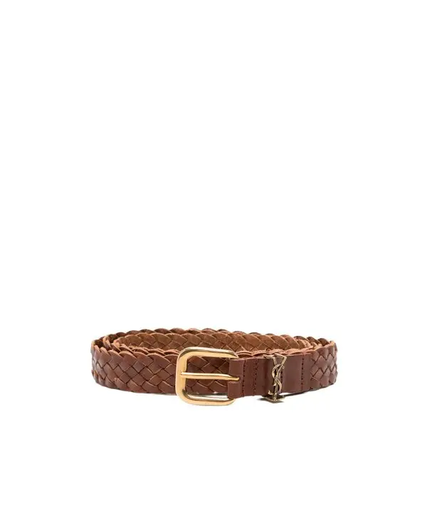 Saint Laurent Logo Plaque Braided Leather Belt - Brown