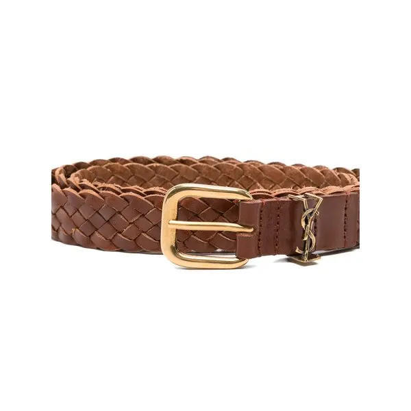 Saint Laurent Logo Plaque Braided Leather Belt - Brown